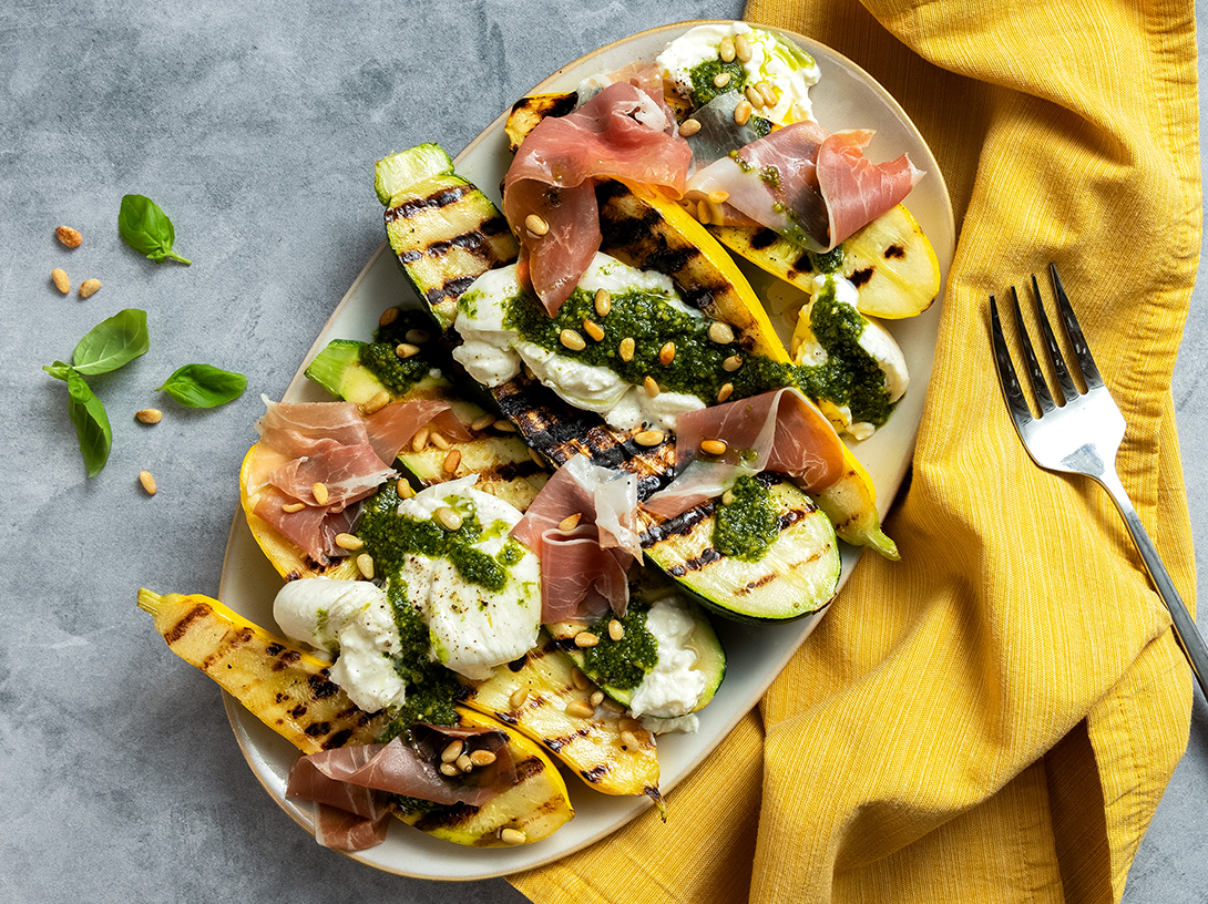 Grilled Zucchini topped with Prosciutto di Parma, Pesto and Burrata ...